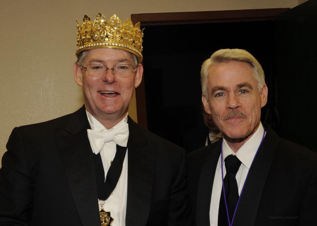 King Frivolous Bill Ansell, left, and emcee Tom Koch. - CultureMap Houston