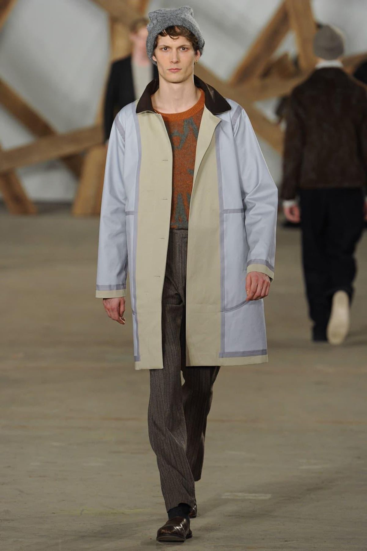 Billy Reid tan reversed taped trench, camel antler jacquard crew, brown ...