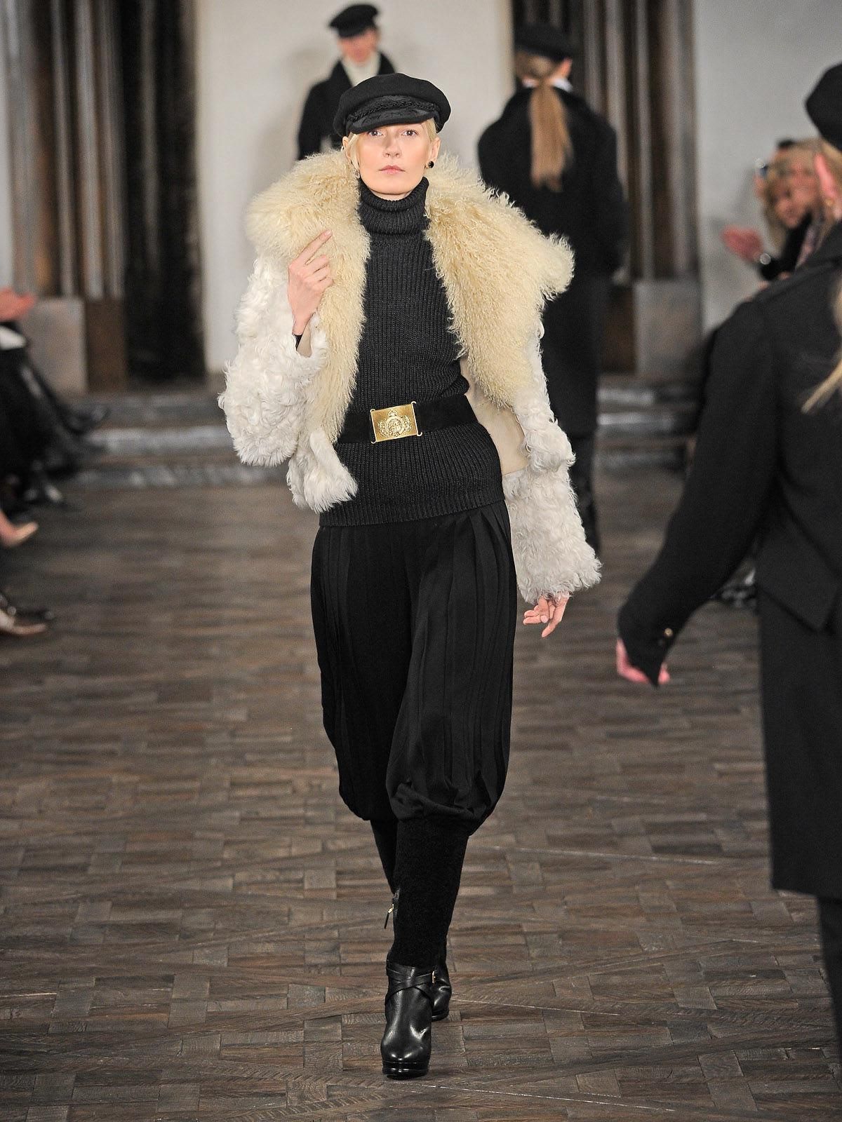 Black sable pleated pants, black silk cashmere turtleneck sweater ...