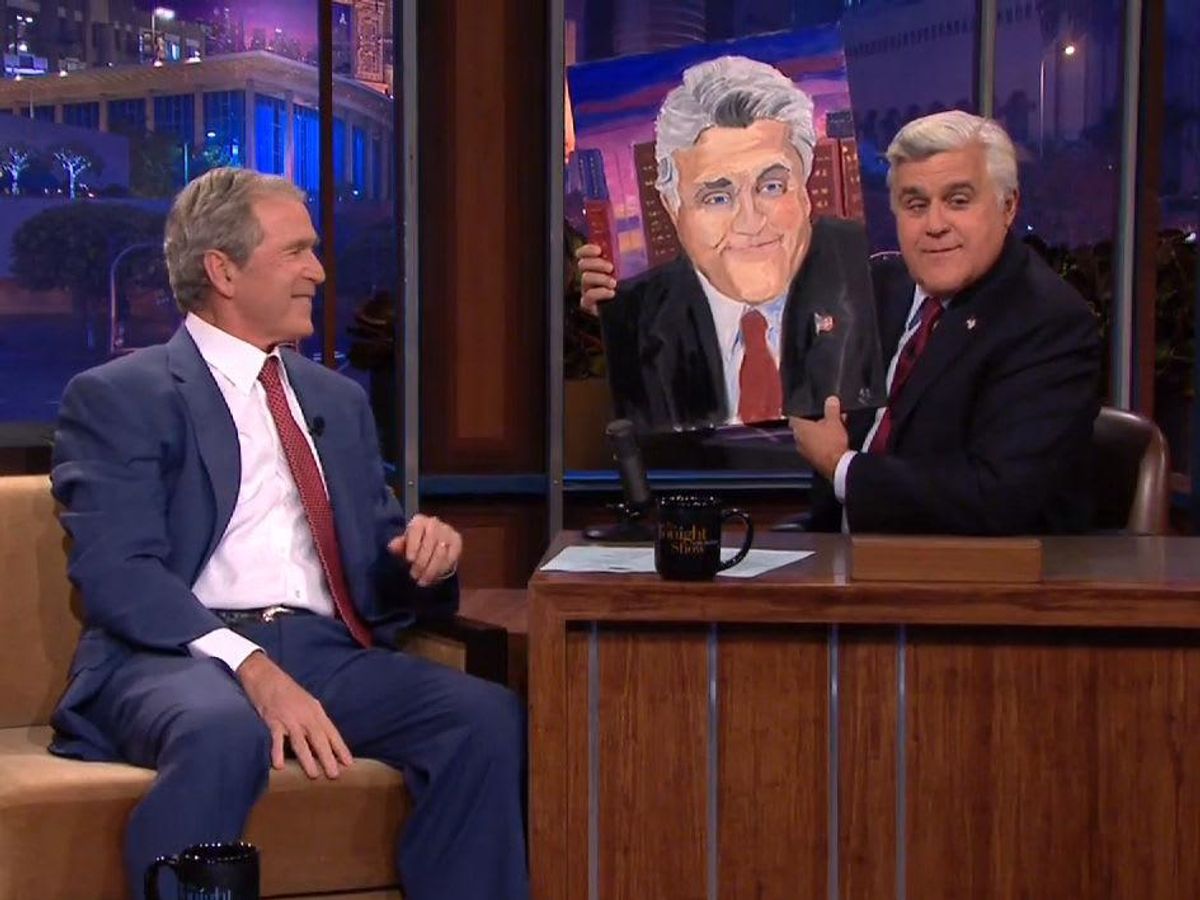 George W. Bush presented Jay Leno with a portrait on The Tonight Show ...