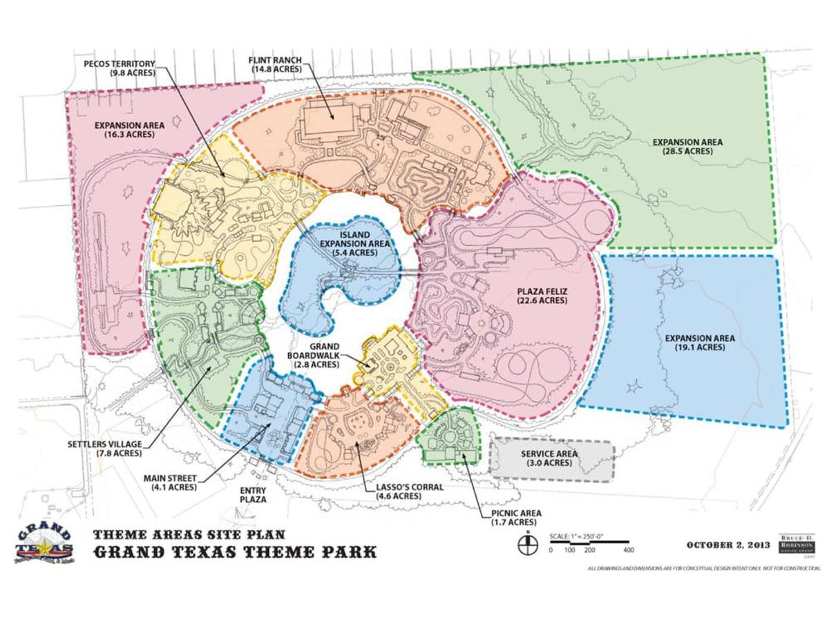 Amusement park site plan, highlighting special theme areas - CultureMap ...