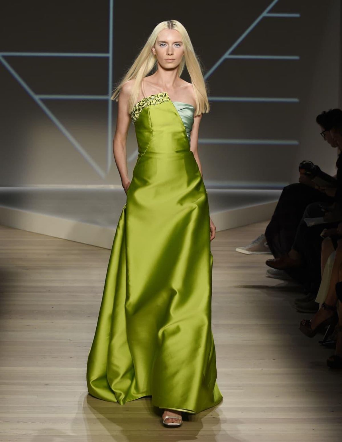 Pamella Roland ctiron and mint double face satin gown with geo-plexi ...