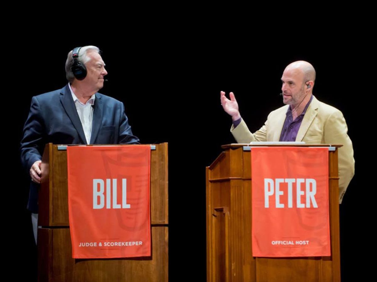 Announcer Bill Kurtis, left, and Peter Sagal at a Wait Wait... Don't ...