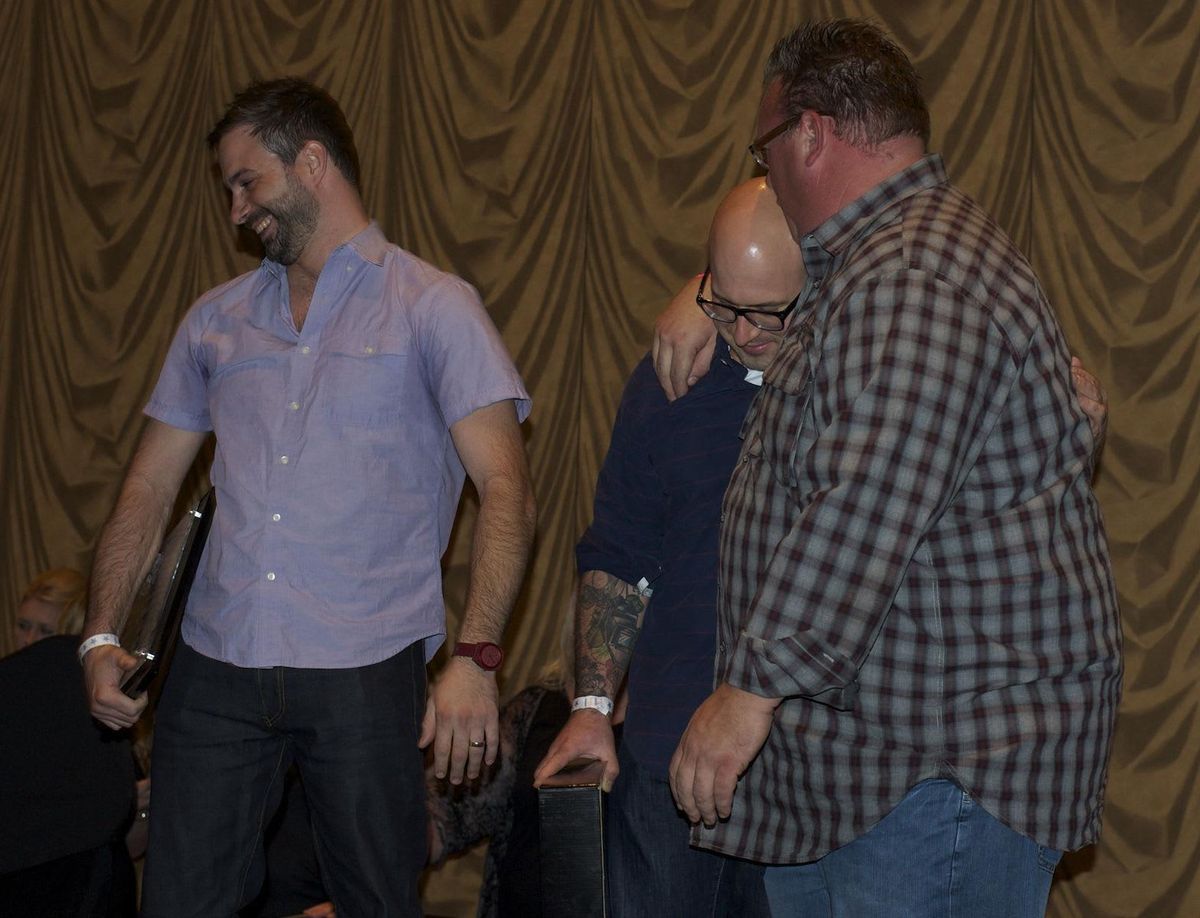 Chris Shepherd, right, congratulates Seth Siegel-Gardner and Terrence ...
